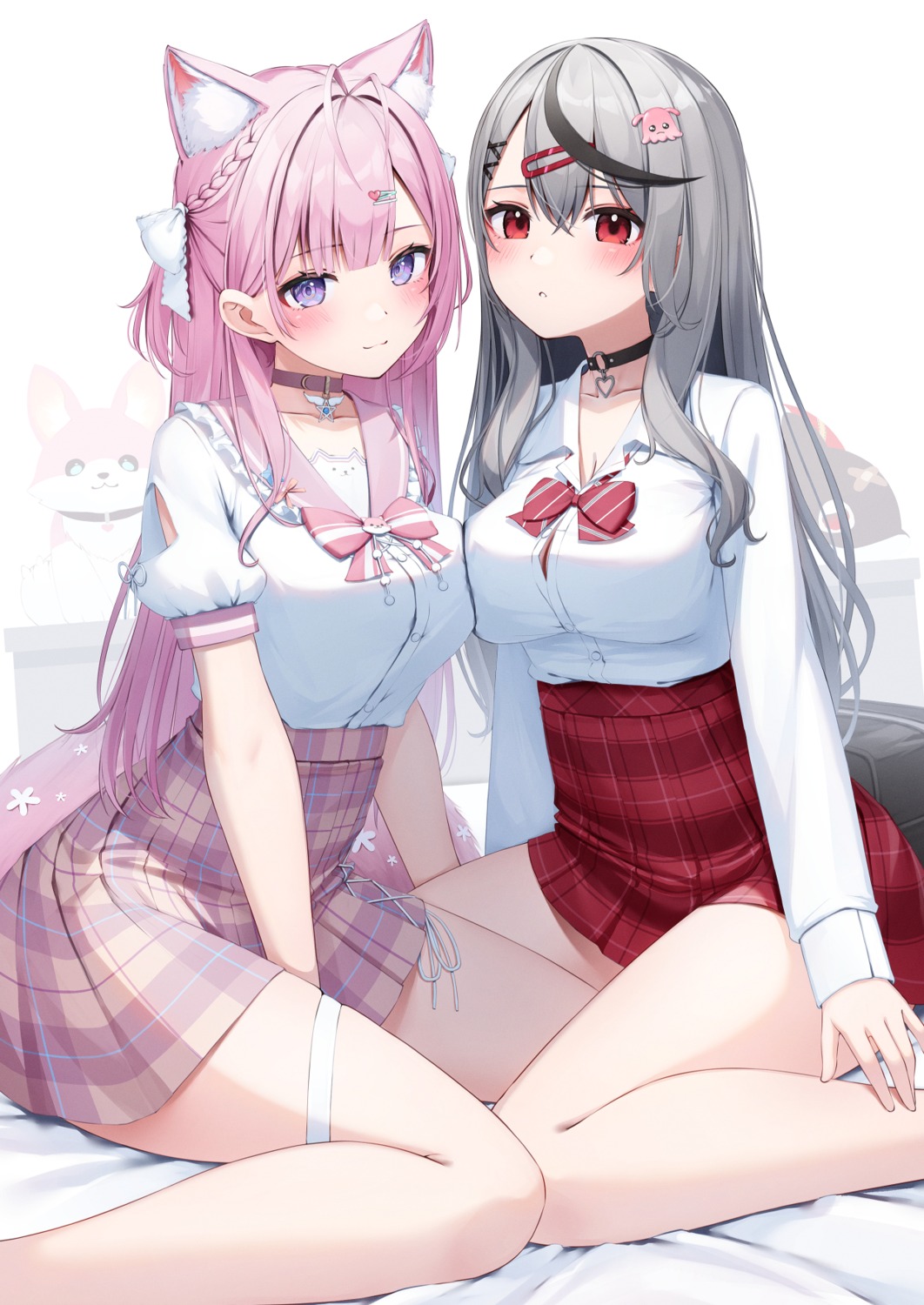 nyan (reinyan 007) hololive hakui koyori sakamata chloe animal ears cleavage garter open shirt ...